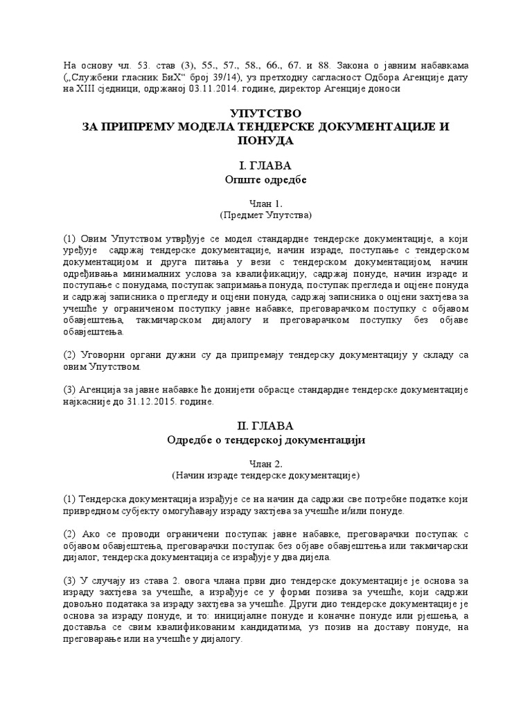 Uputstvo Za Pripremu Modela Tenderske Dokumentacije I Ponuda SG BIH Br ...