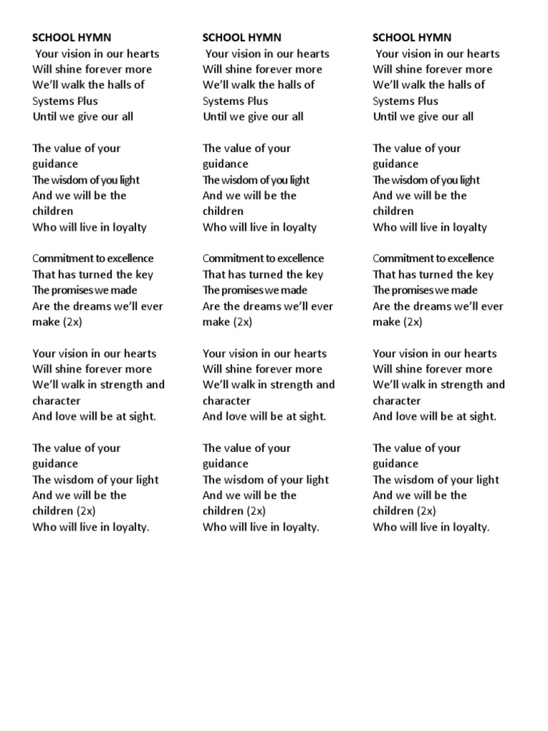 Systems Plus School Hymn Lyrics | PDF | Language Arts & Discipline