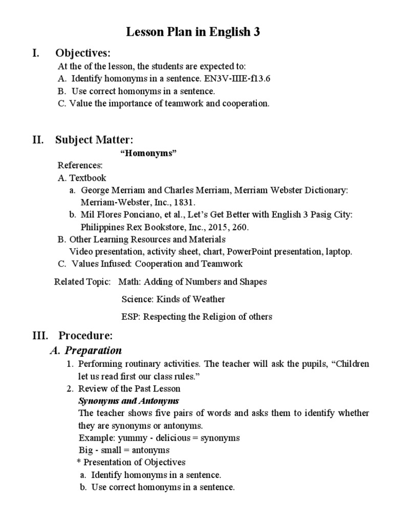 Homonyms Lesson Plan for Grade 3 | PDF