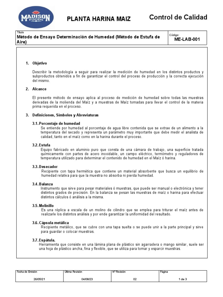 ME-LAB-001 Determinación de Humedad (Metodo de Estufa Al Aire) P ... ME-LAB-001 Determinación de Humedad (Metodo de Estufa Al Aire) P ...