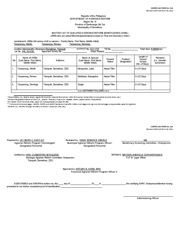Department of Agrarian Reform: Carper Lad Form No. 31A | PDF