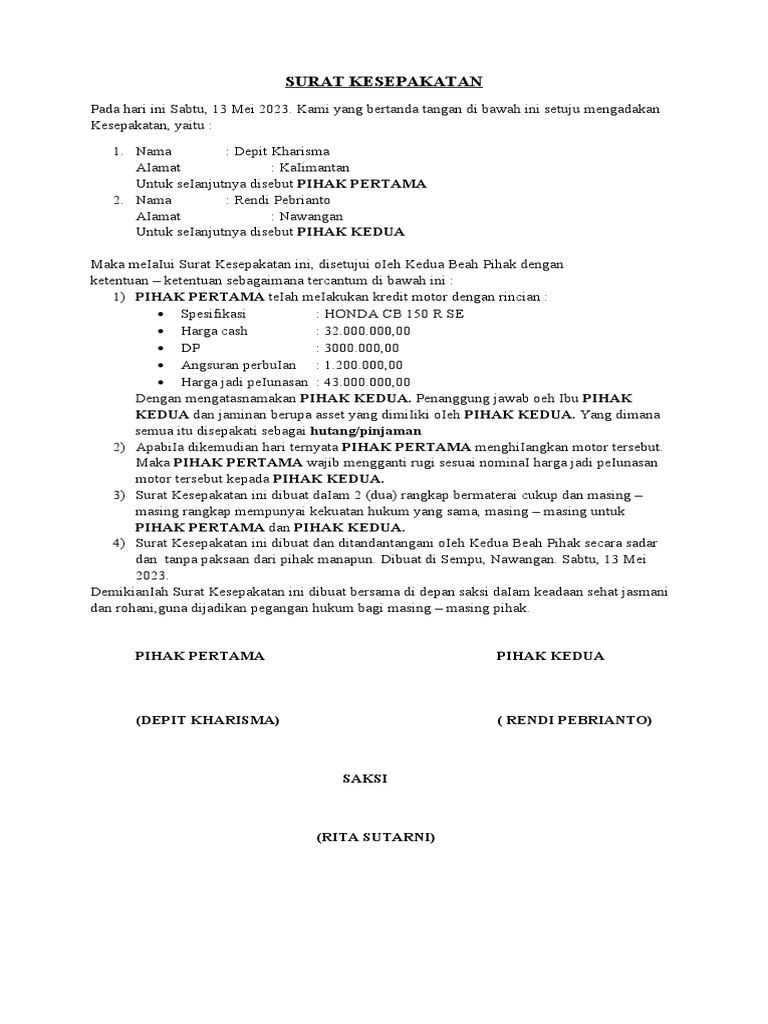 Surat Kesepakatan | PDF Surat Kesepakatan | PDF