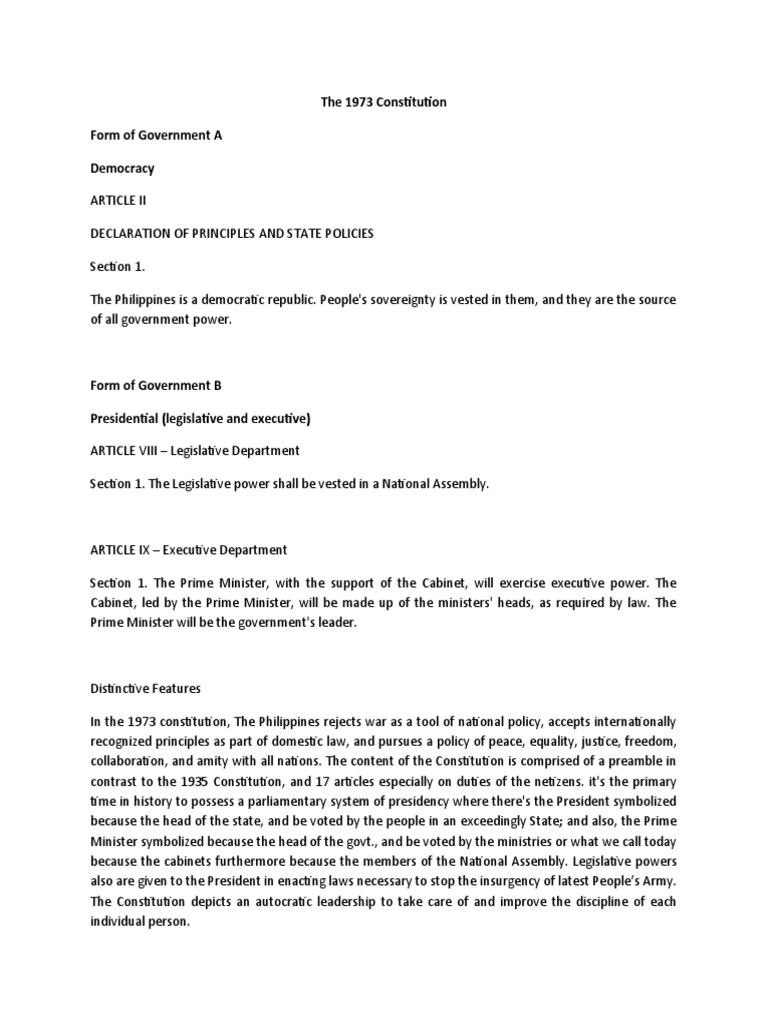 Overview of the 1973 Philippine Constitution | PDF | Politics | Law