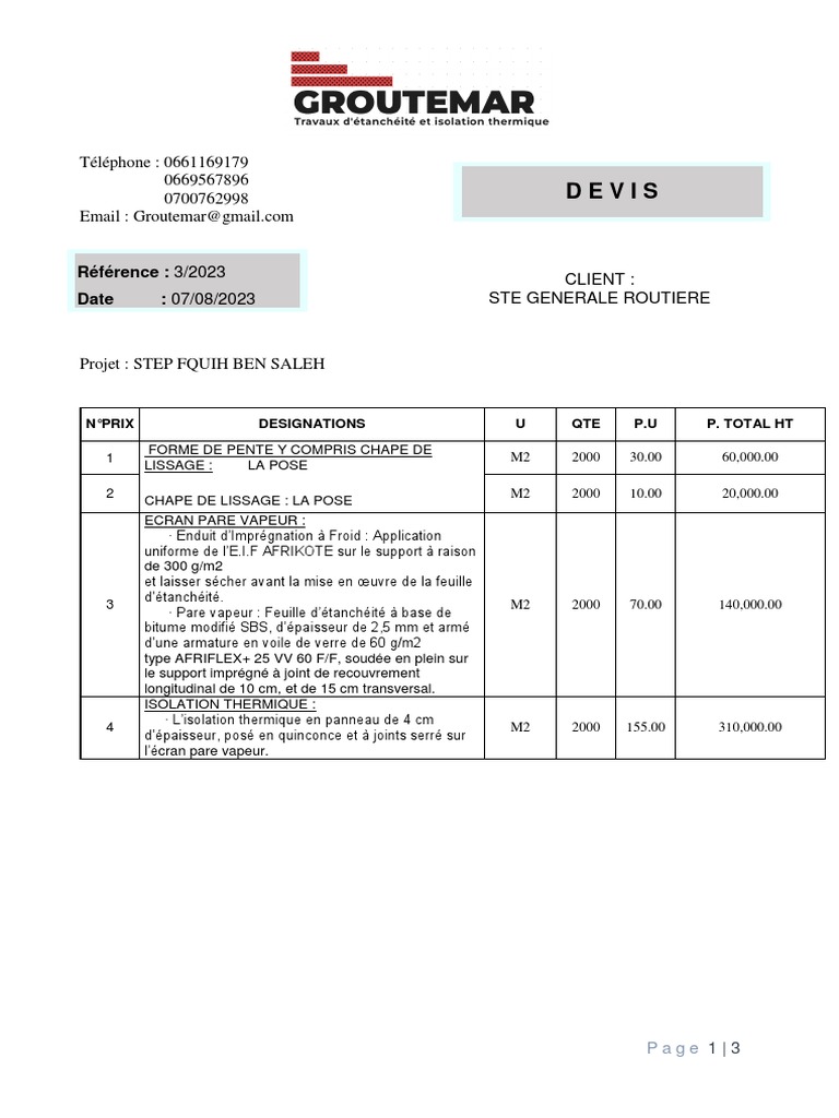 Devis Generale Routiere | PDF