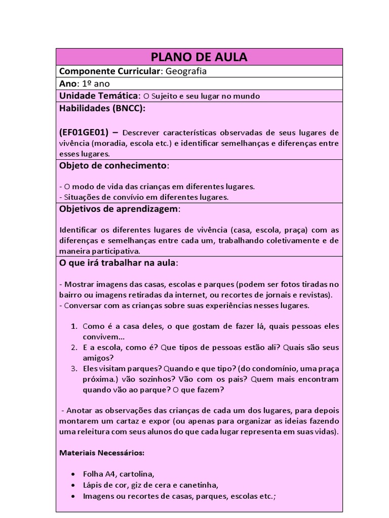 PLANO DE AULA GEOGRAFIA - 1º Ano Ens. Fundamental - BNCC | PDF