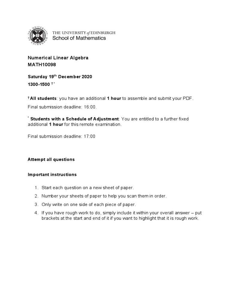 Numerical Linear Algebra University of Edinburgh Past Paper 2020-2021 ...
