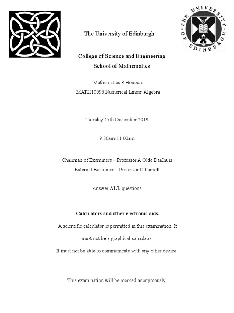 Numerical Linear Algebra University of Edinburgh Past Paper 2019-2020 ...