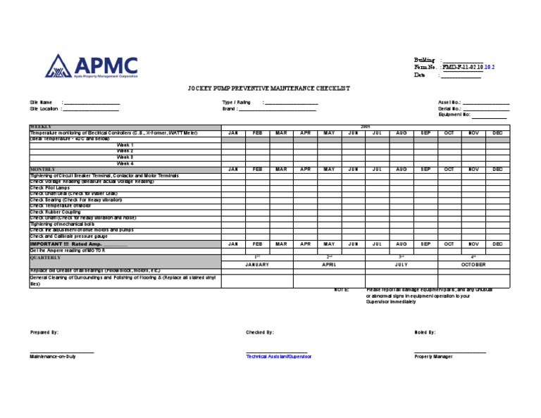 FMD-F-11-02.10.10.2 - Jockey Pump Preventive Maintenance Checklist | PDF