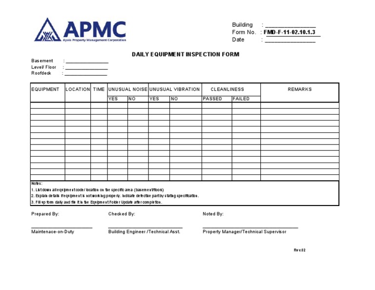 FMD-F-11-02.10.1.3 Daily Equipment Inspection form | PDF