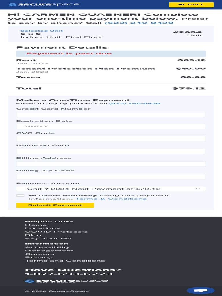 Pay Your Bill - Make A Payment SecureSpace Self Storage | PDF