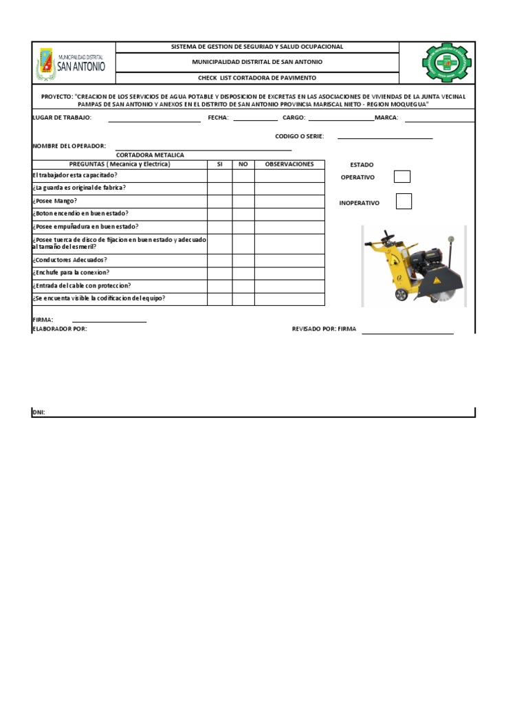 CHECK LIST Cortadora de Concreto 1 | PDF