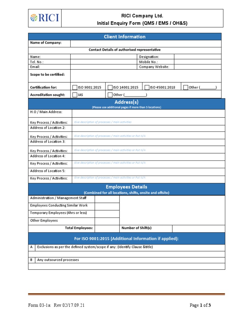 Form 03-1a Initial Enquiry Form QMS EMS OH&S (Rev 02, 17 09 21) | PDF ...