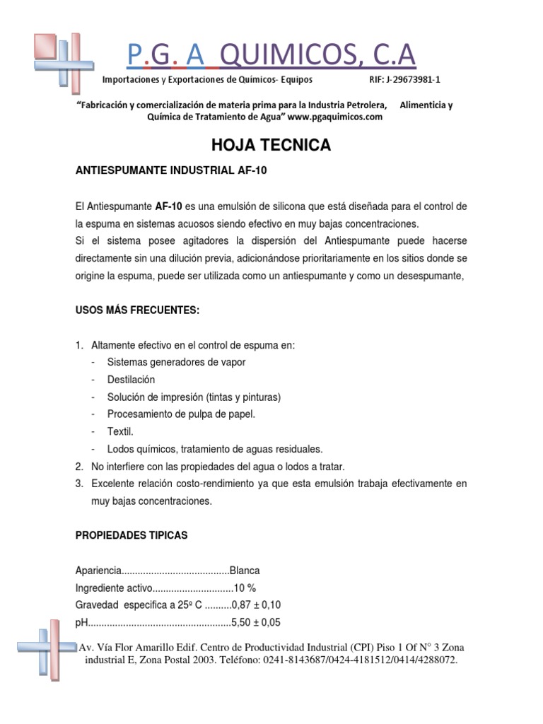 Hoja Tecnica Antiespumante Af-10 Pga | PDF