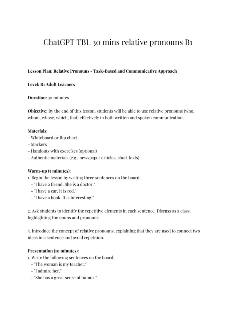 ChatGPT TBL 30 Mins Relative Pronouns B1 | Download Free PDF | Pronoun ...