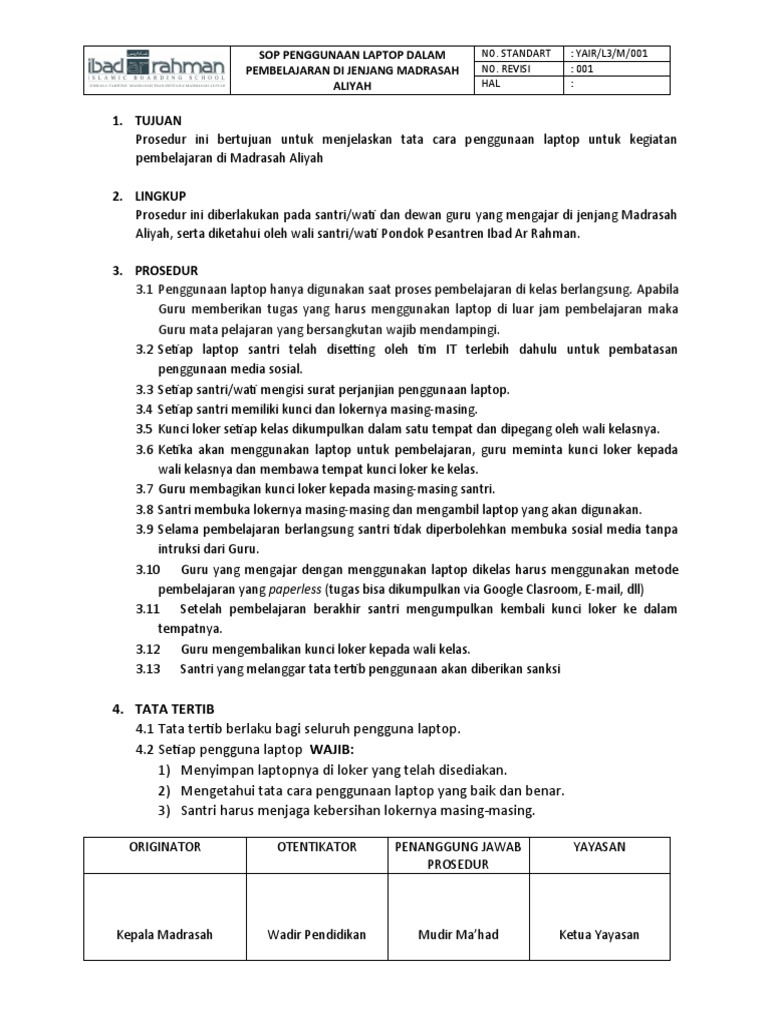SOP Penggunaan Laptop di Kelas | PDF