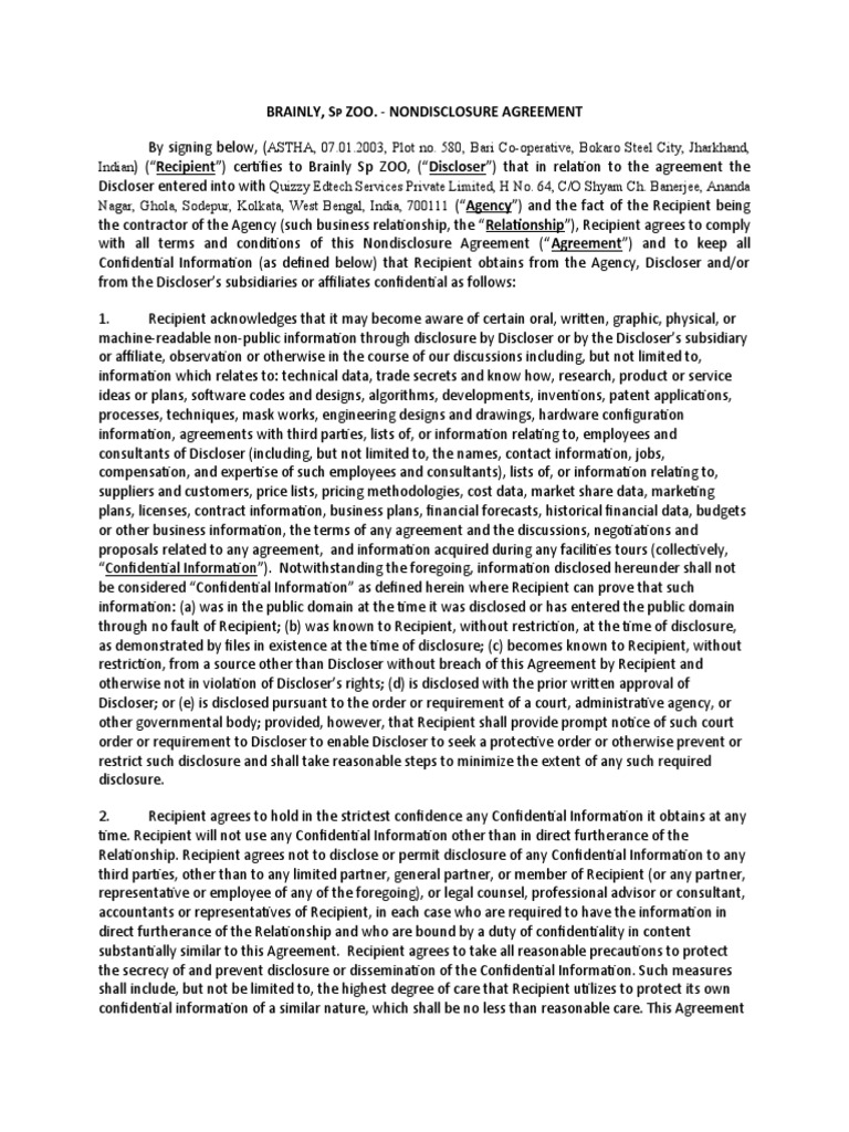 Brainly - NDA Vendor (Sample Blank) | PDF