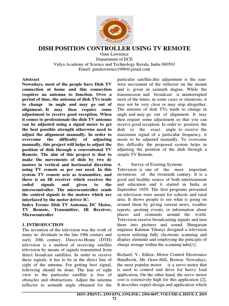 Dish Position Controller Using TV Remote: ISSN (PRINT) : 2393-8374 ...