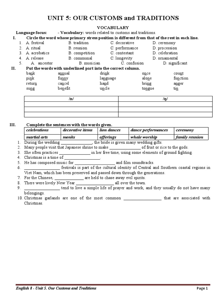 Vocabulary for Customs and Traditions | PDF