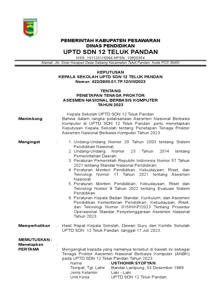 Contoh SK Proktor ANBK 2023 | PDF