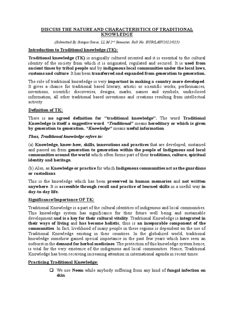 Discuss The Nature and Characteristics of Traditional Knowledge | PDF