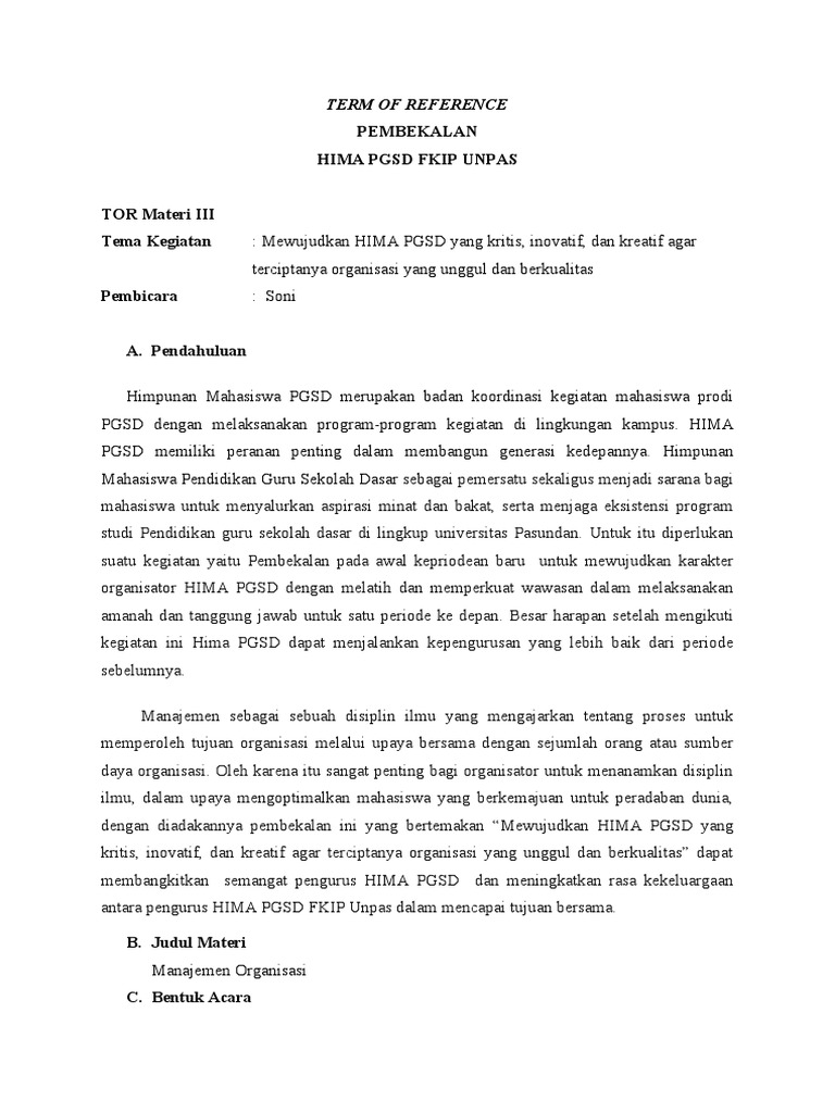TOR Pembekalan Manajemen Organisasi | PDF | Karier & Perkembangan