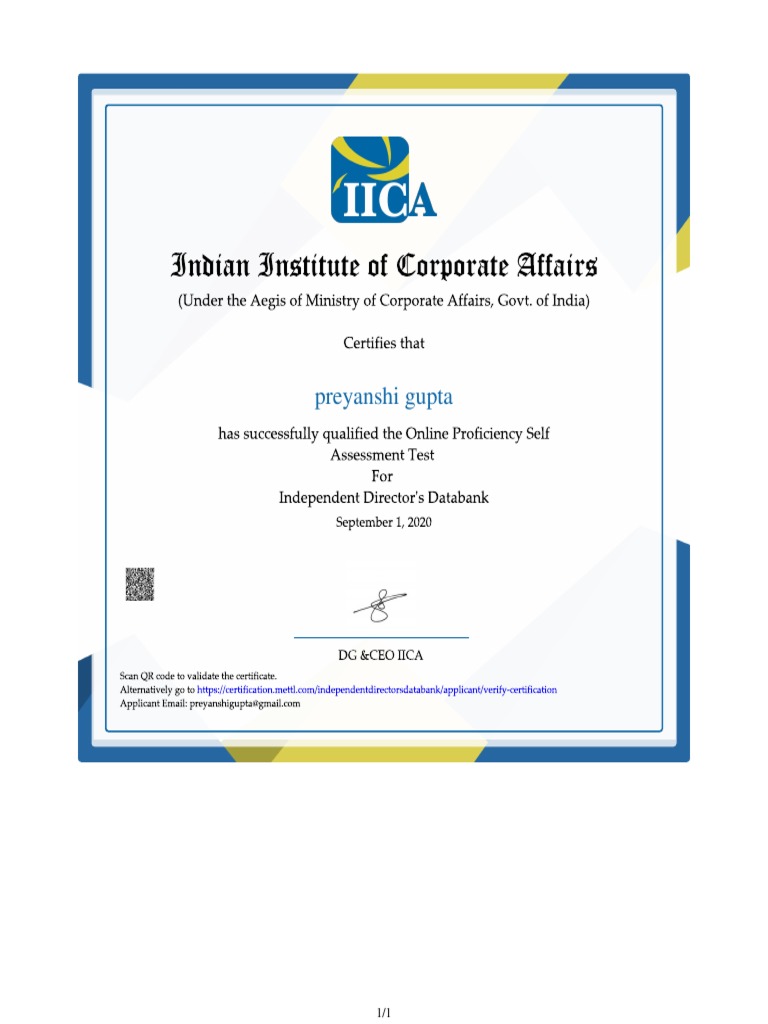 Applicant-certificate-615523_Independent Directors _Preyanshi Gupta | PDF