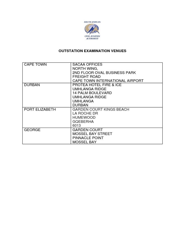 Outstation Examination Venues in South Africa | PDF