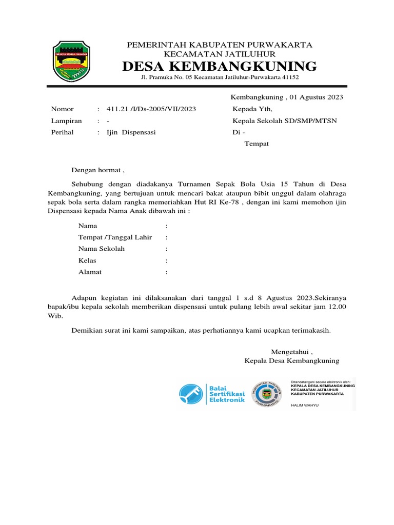 Ijin Dispensasi Sekolah Dari Desa - Sign | PDF