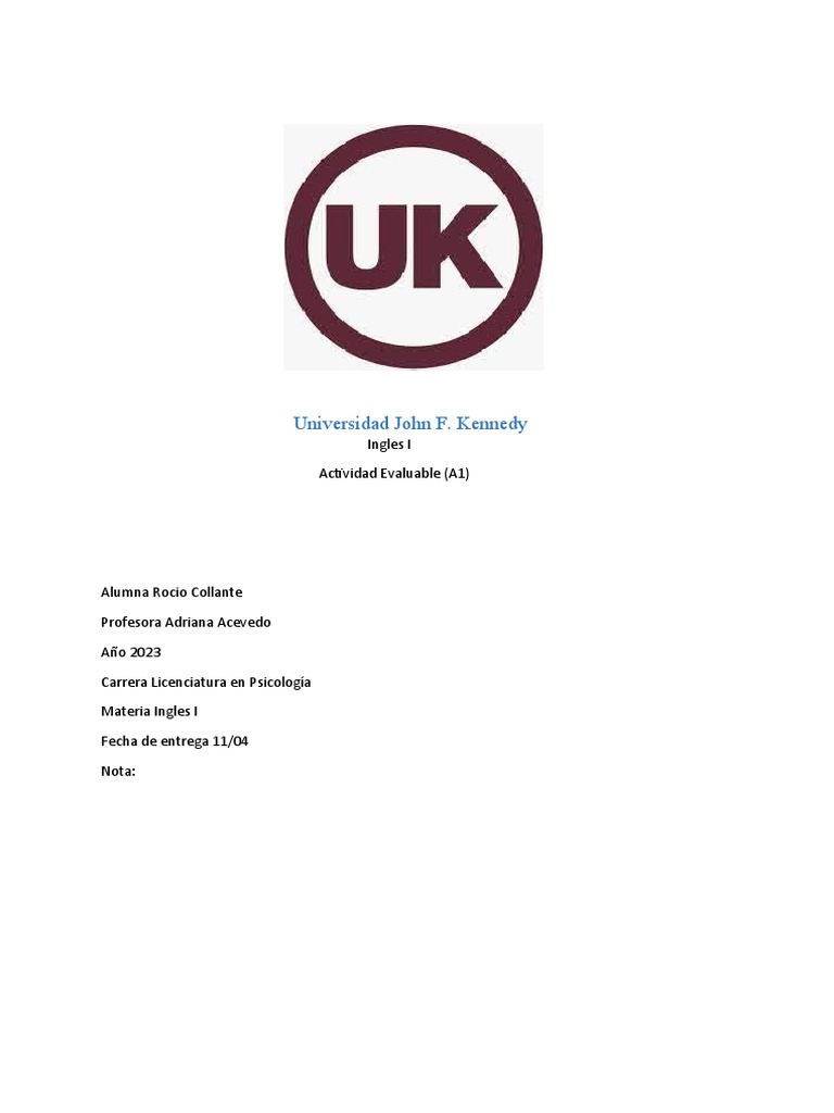 Actividad Evaluable (A1) - Ingles, Rocio Collante | PDF