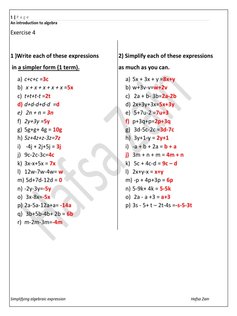 Simplifying Algebraic Expressions (Exercise4) Model Answer | PDF