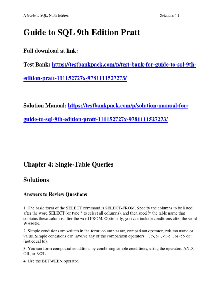 Guide To SQL 9th Edition Pratt Solutions Manual Download | PDF | Computers
