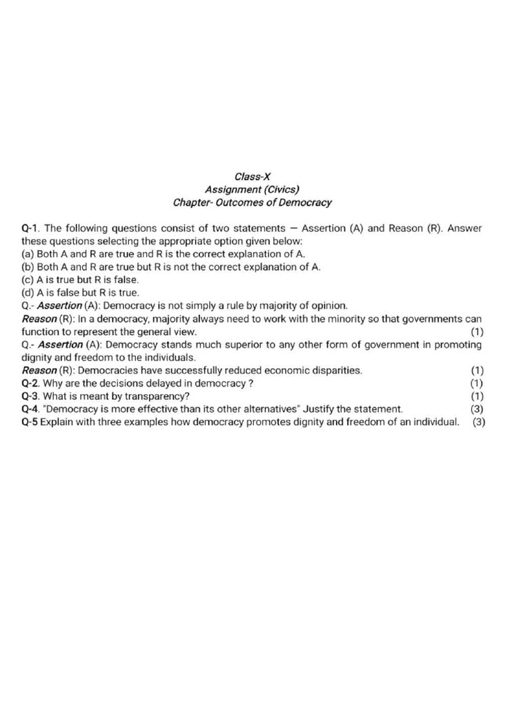 Class-10 Assignment CH - Outcomes of Democracy (Civics) | PDF