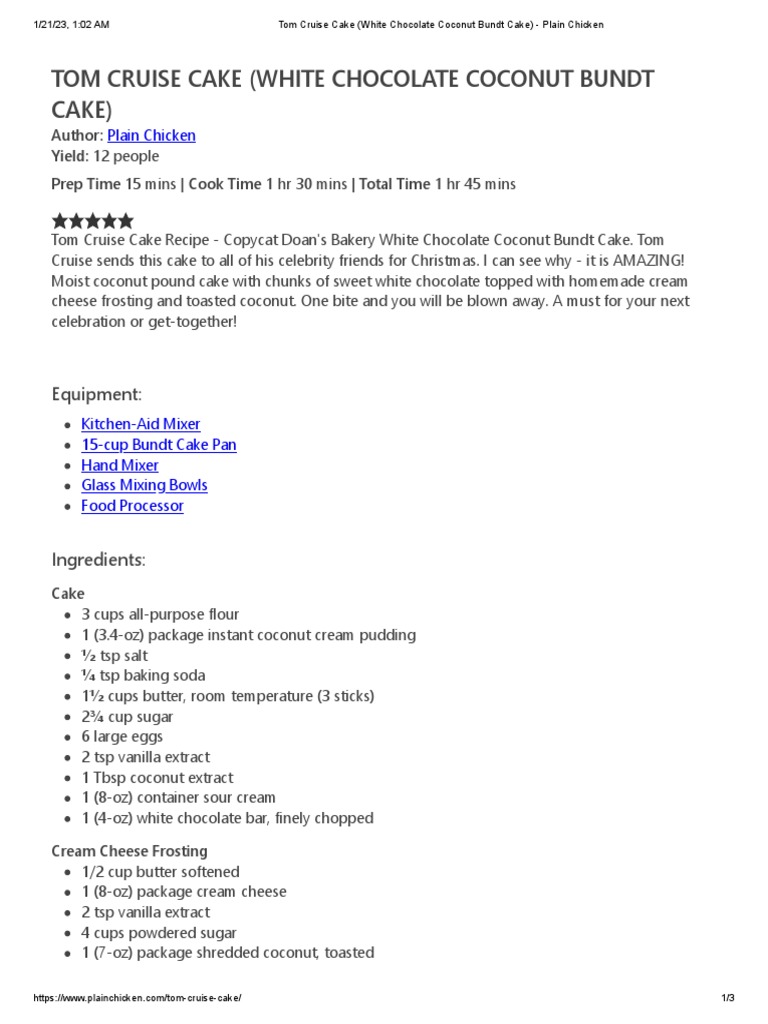 Tom Cruise Cake (White Chocolate Coconut Bundt Cake) | PDF