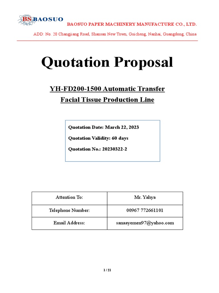 Quotation & Technical Proposal For YH-FD200-1500 A - 230608 - 103049 | PDF | Business | Computers