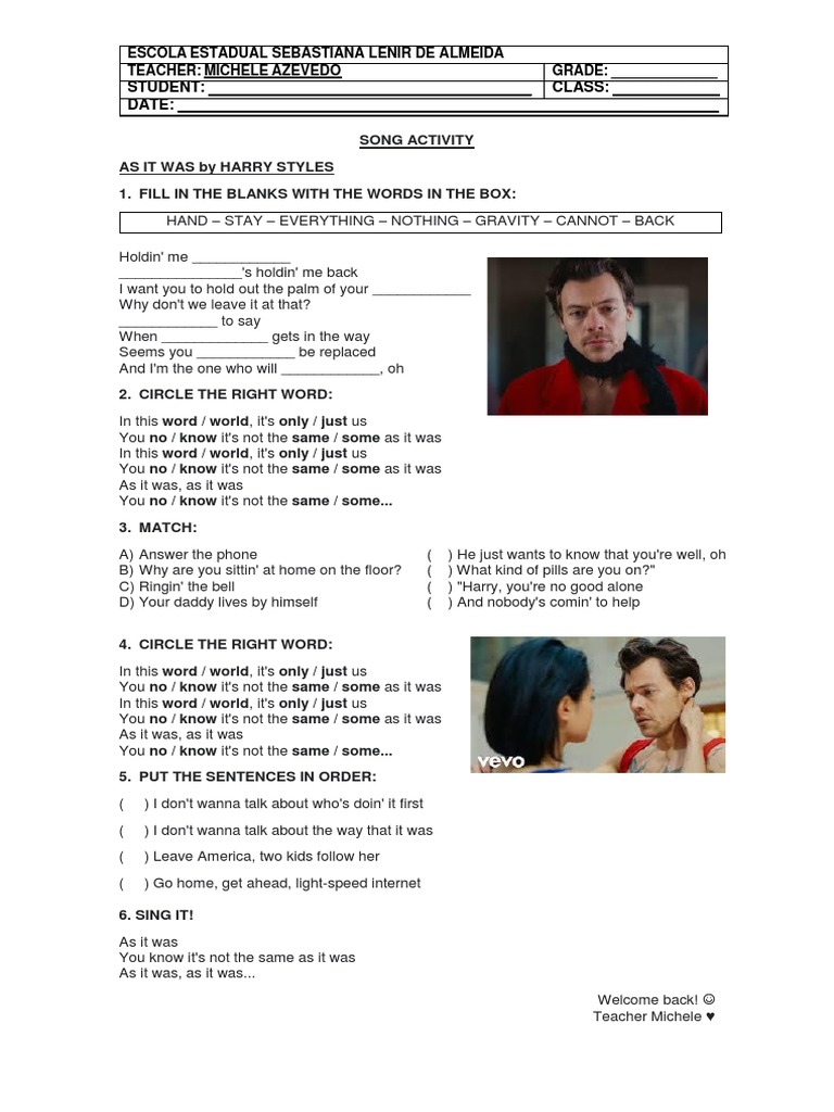 SONG WORKSHEET - AS IT WAS by HARRY STYLES | PDF