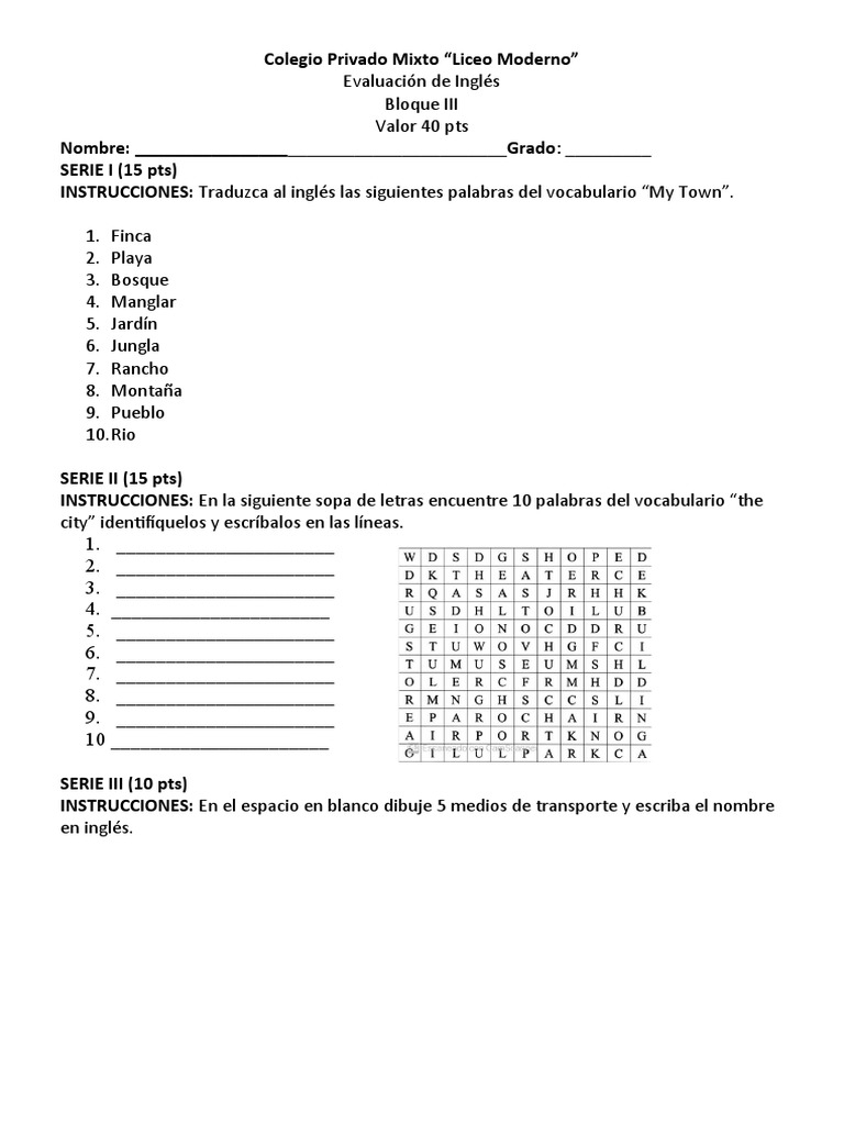 Evaluación de Inglés Bloque III Valor 40 Pts | PDF | Alimentos