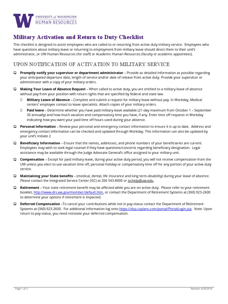 283 - Military Activation Return To Duty Checklist - 2018 | PDF