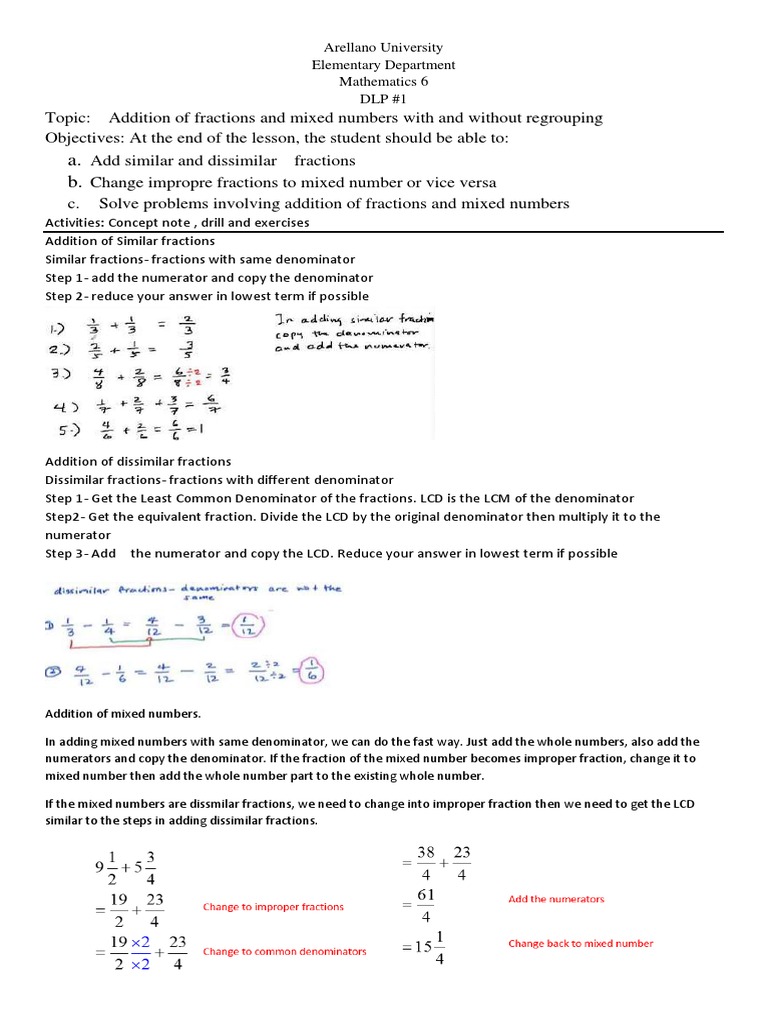 DLP 1 Addition and subtraction of Fractions | PDF