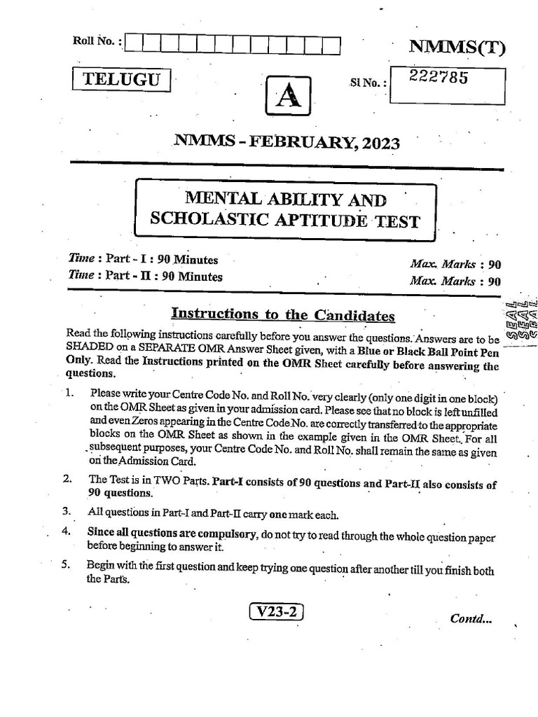 NMMS - 2022 - Feb 2023 - Question - Paper - Telugu - Medium | PDF