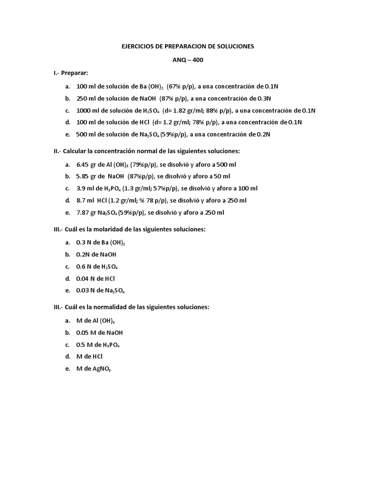 Ejercicios de Preparacion de Soluciones | PDF