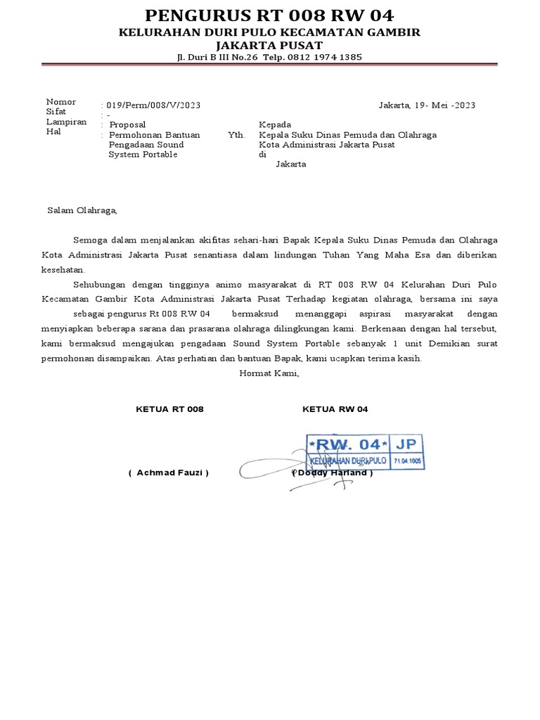 Draf Surat Permohonan Pengadaan Sound System Portable 2023 | PDF