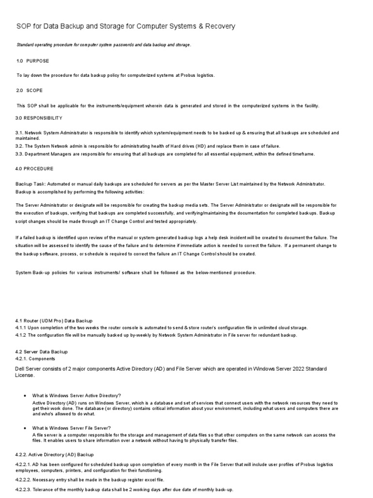 SOP for Data Backup and Storage for Computer Systems & Recovery | PDF