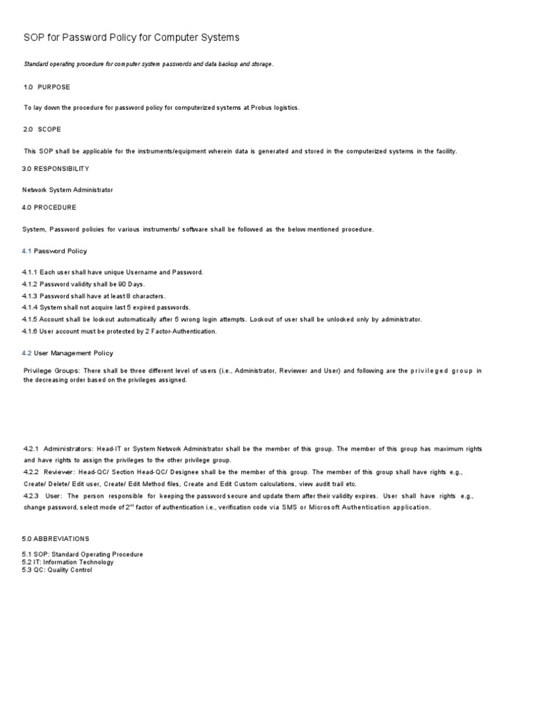 SOP For Password Policy For Computer Systems | PDF | Technology ...