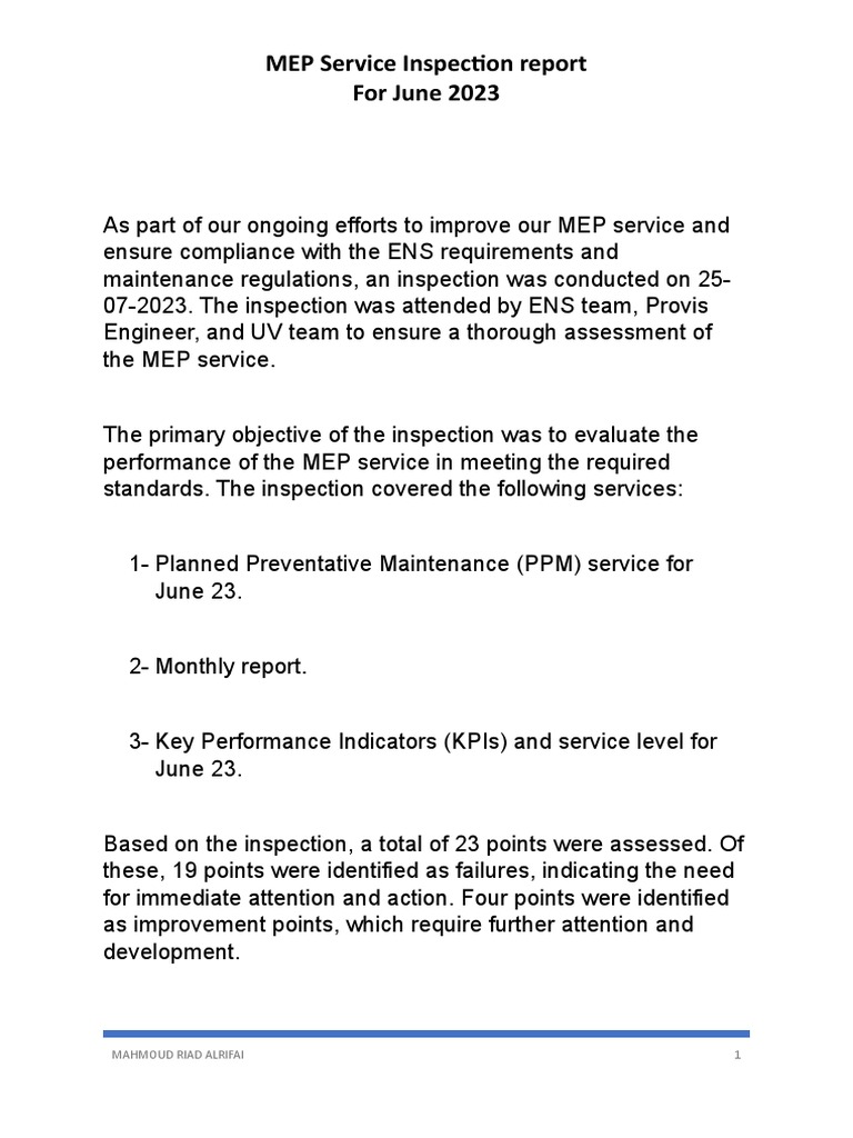 MEP - PPM Inspection Report | PDF | Science & Mathematics