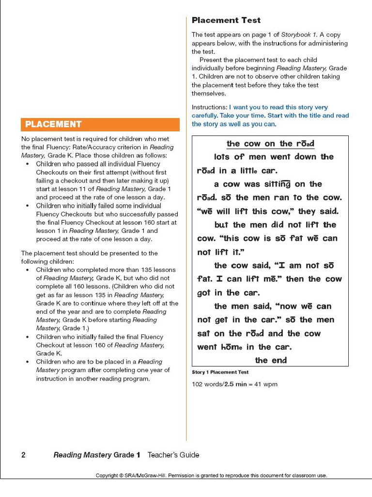 Reading Mastery Placement Test - Level 1 | PDF
