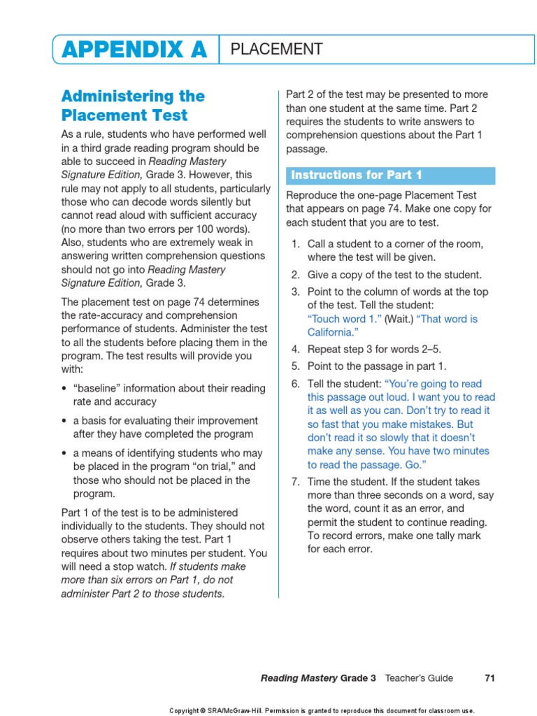 Reading Mastery Placement Test - Level 3 | PDF | Reading Comprehension ...