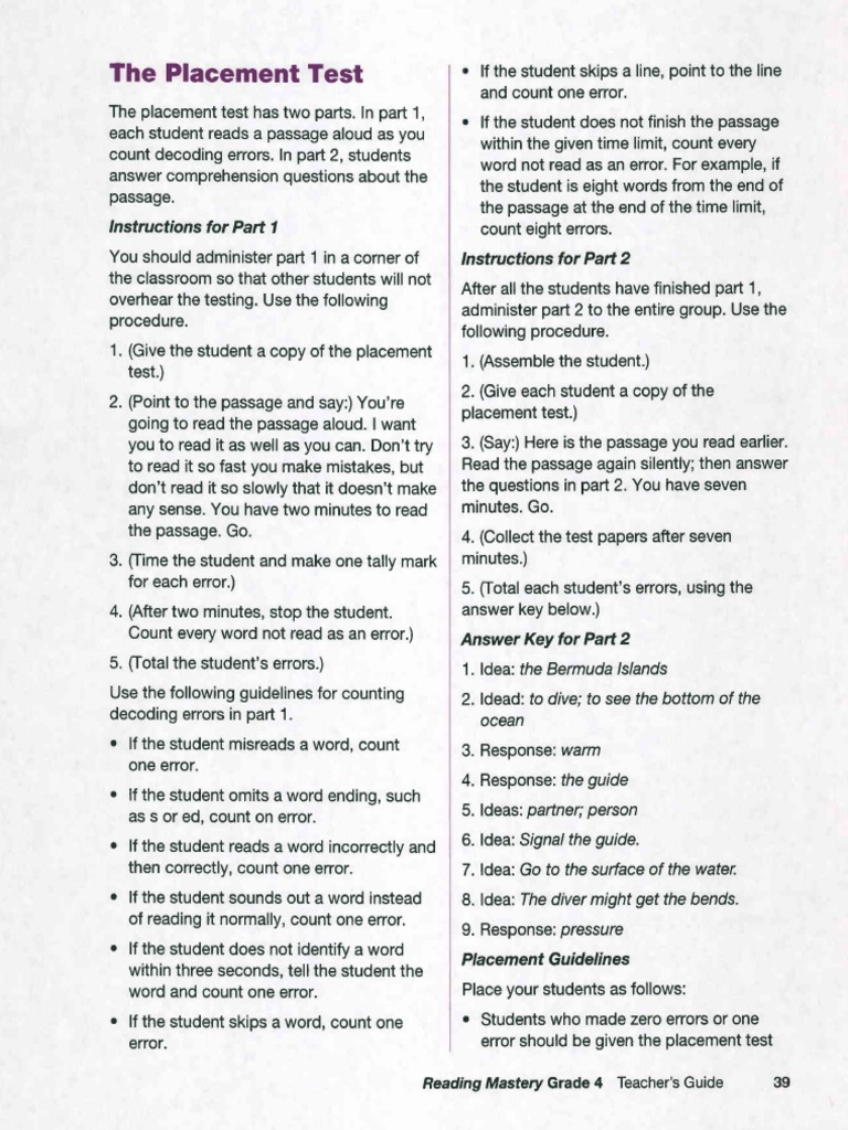 Reading Mastery Placement Test - Level 4 | PDF