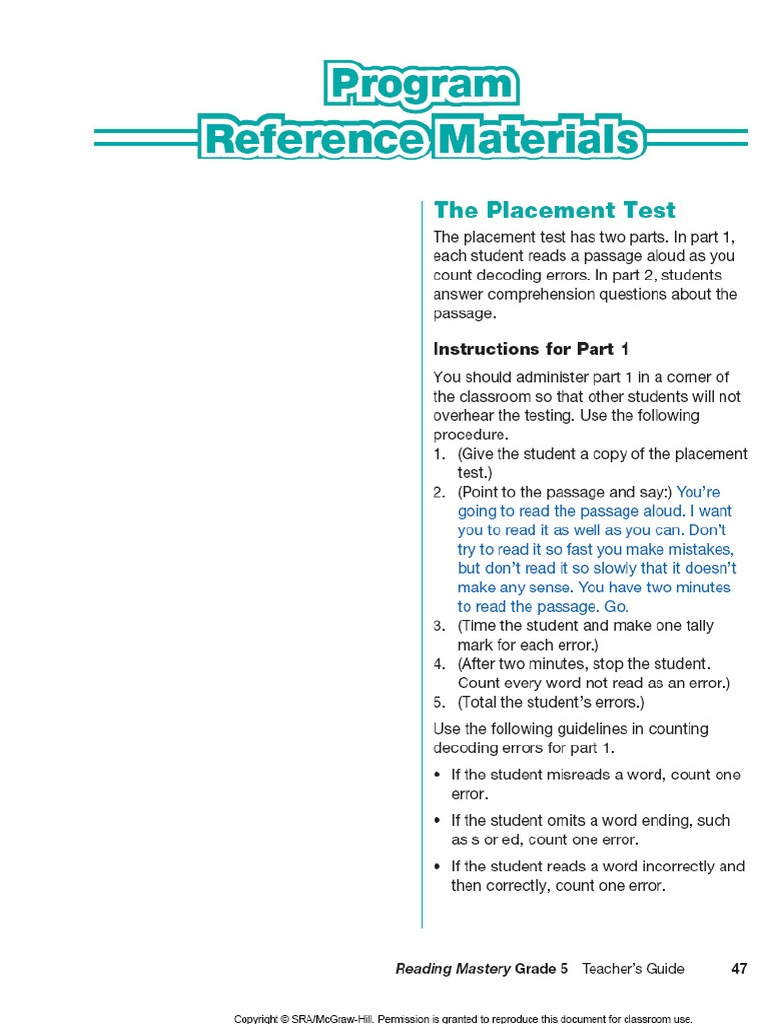 Reading Mastery Placement Test - Level 5 | PDF