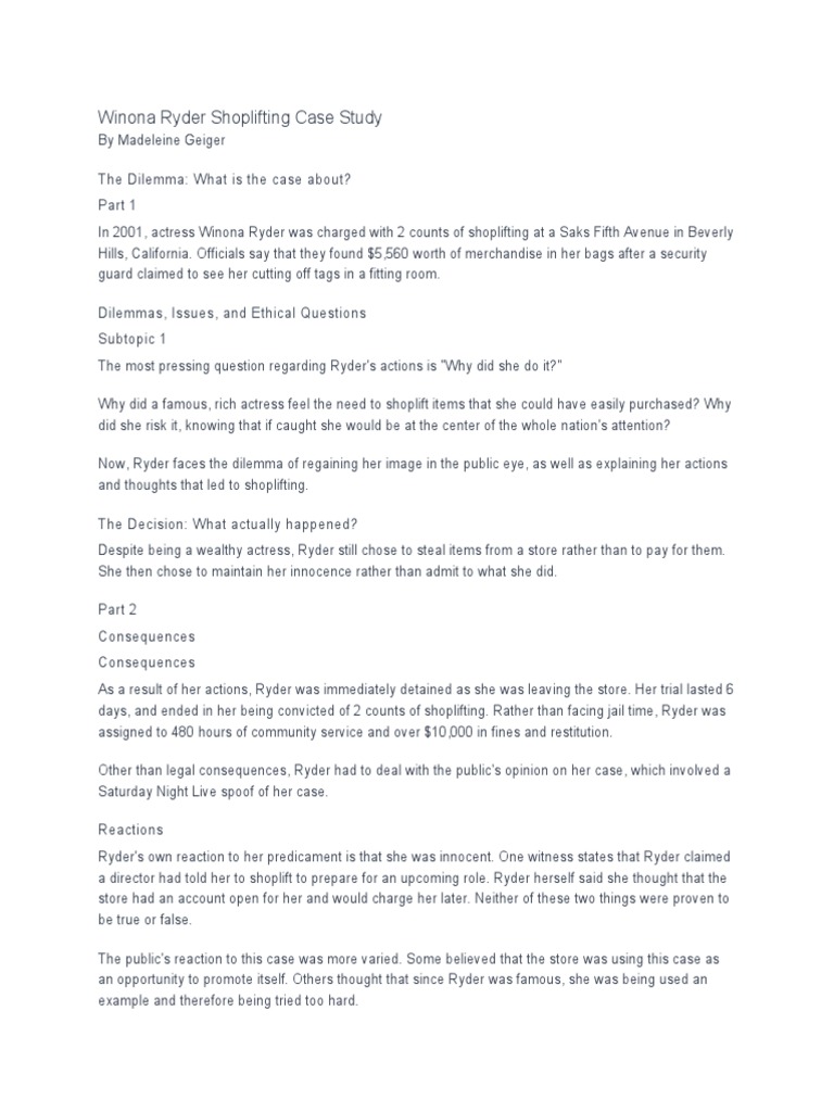 Winona Ryder Shoplifting Case Study | PDF | Criminology | Psychology