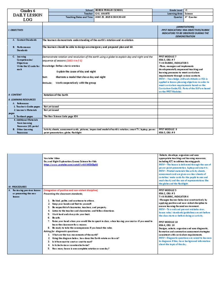 Cot - DLP - Science 6 - Earth's Rotation by Master Teacher Eva M. Corvera | PDF | Educational ...